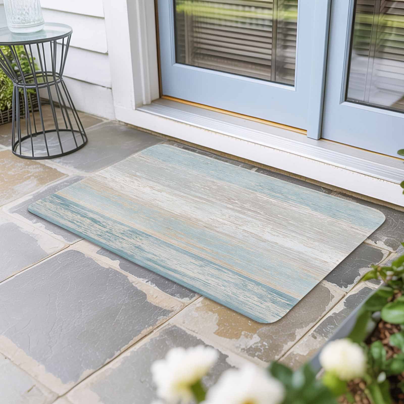 Blue Beige Farmhouse Door Mat Indoor Outdoor, Vintage Wooden Striped ...