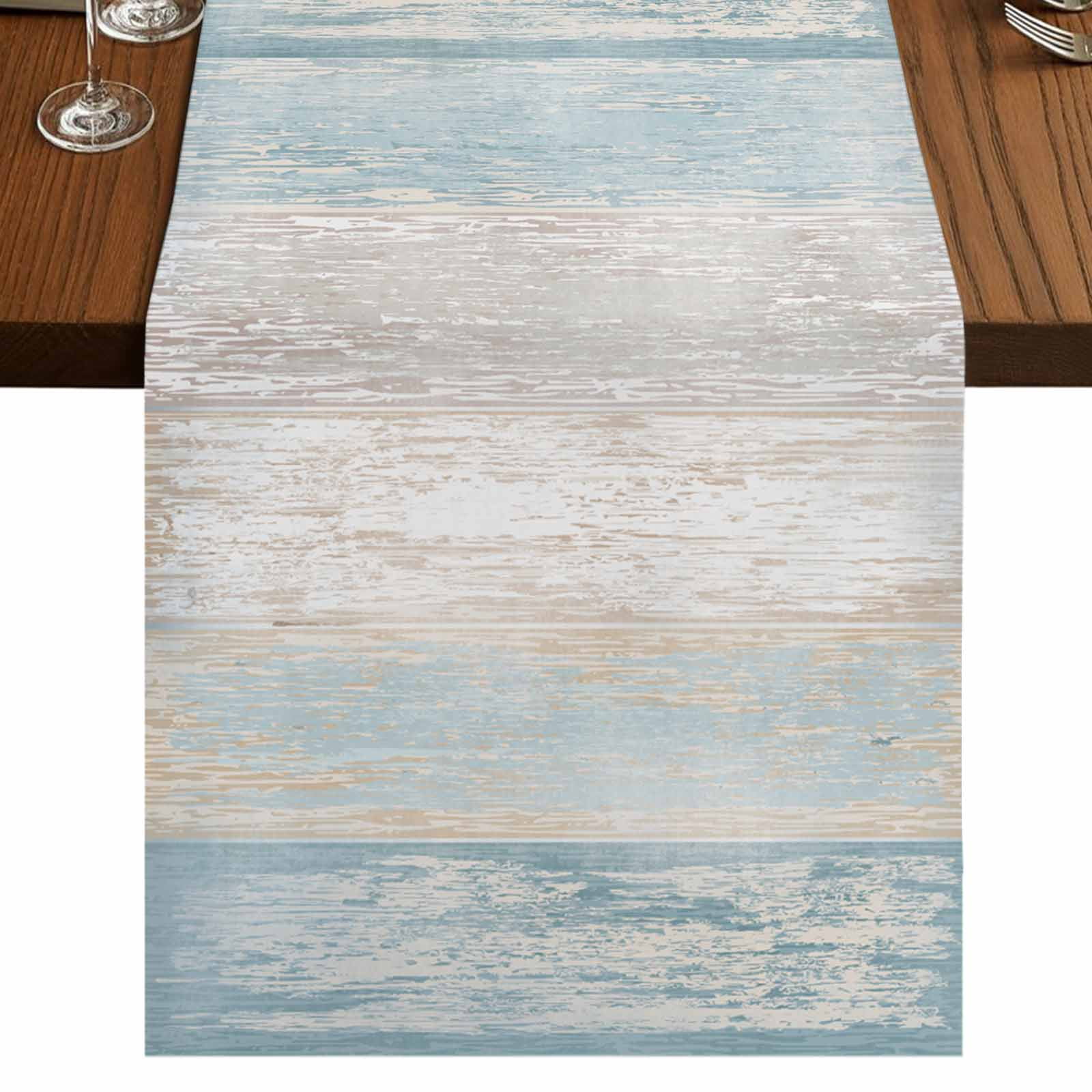 Blue Beige Farmhouse Short Table Runner 60 Inches Long, Vintage Wooden ...