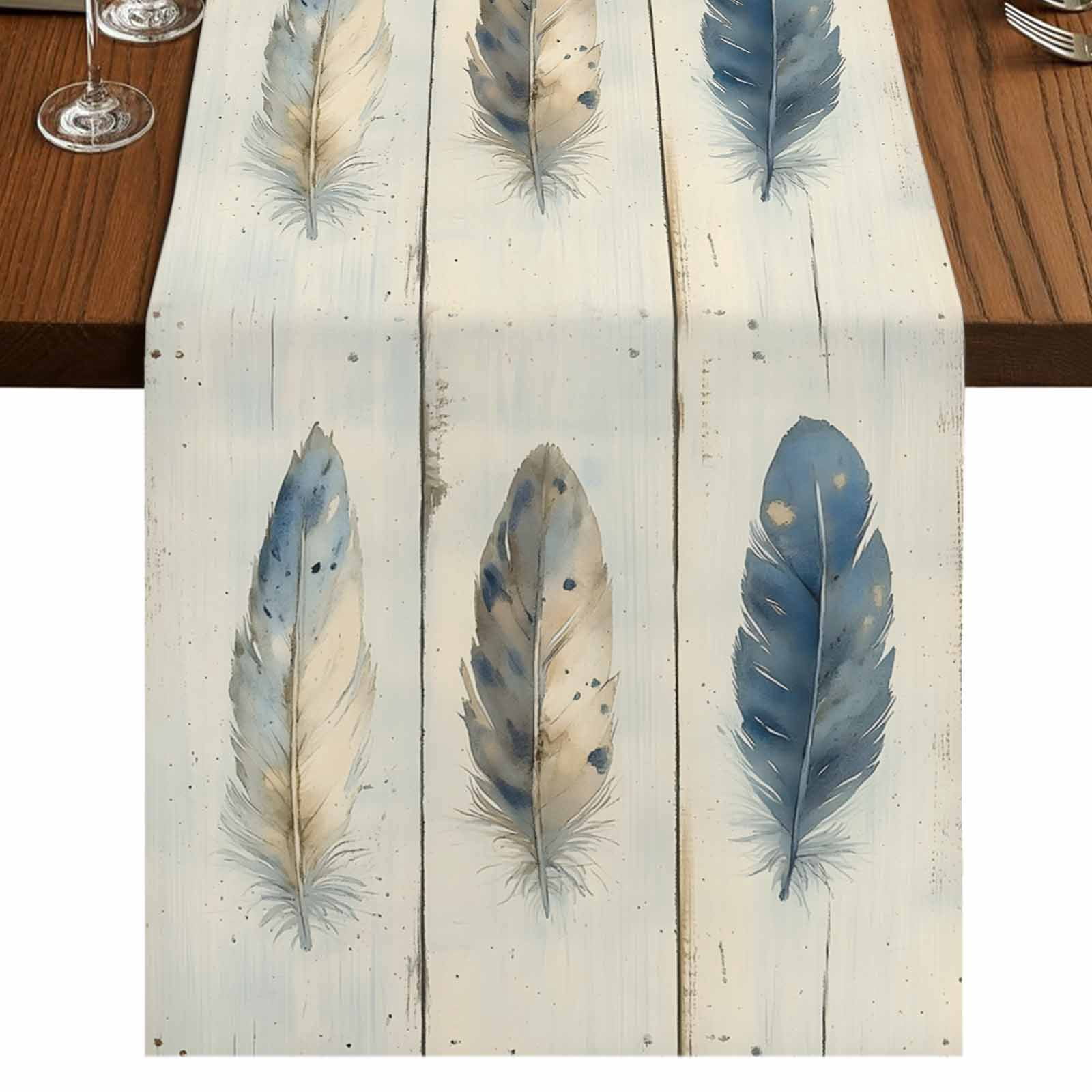 Blue Beige Feathers 48 Inch Table Runner, Vintage Native Ombre Wood ...