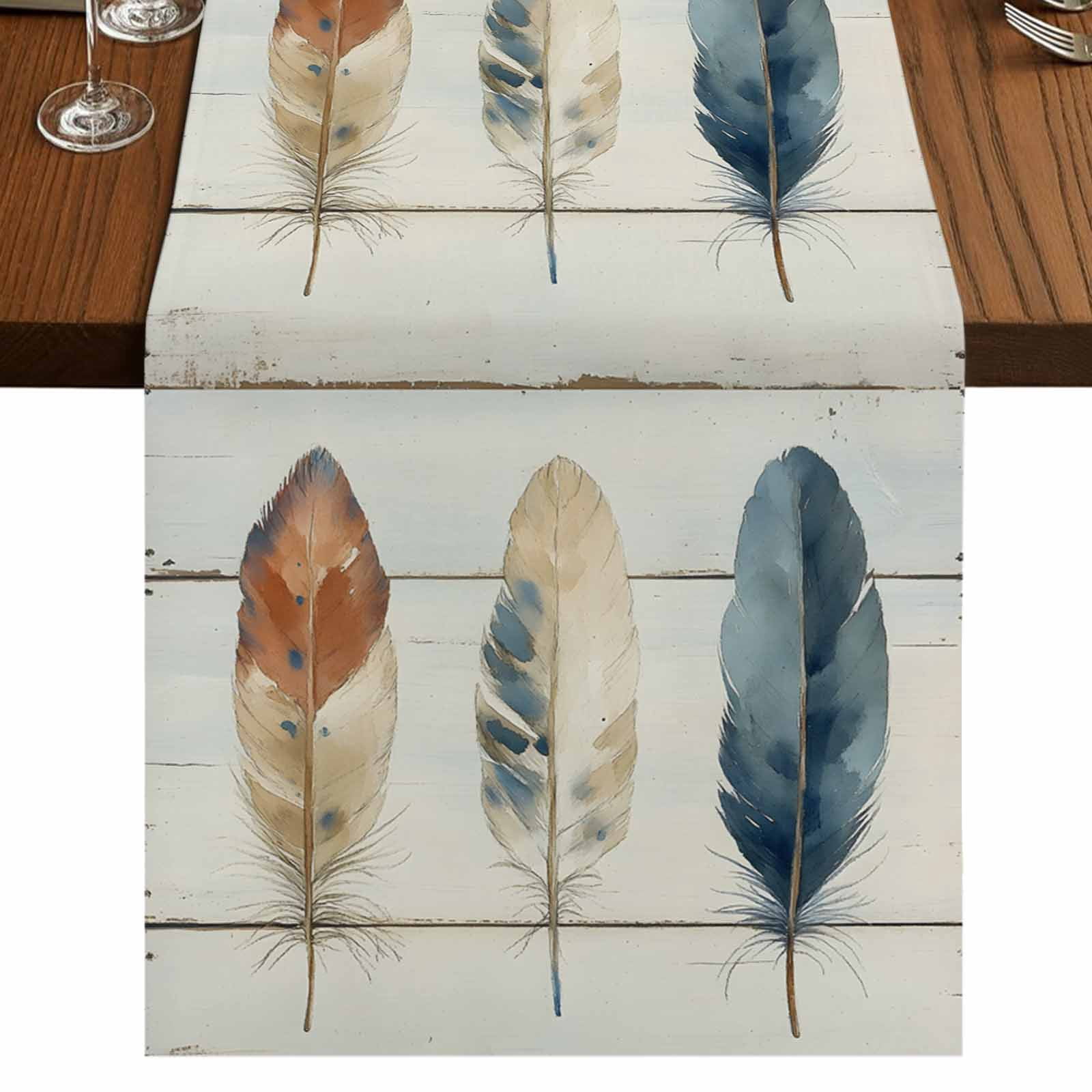 Blue Beige Feathers 72 Inch Table Runner, Ombre Boho Vintage Wooden ...