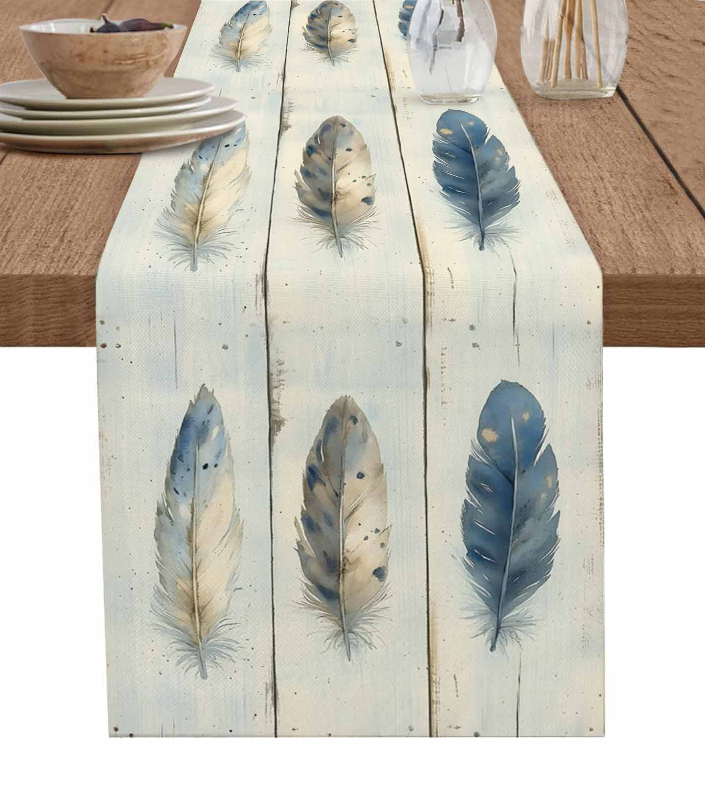 Blue Beige Feathers Burlap Cotton Table Runner 14x72 Inches Long ...