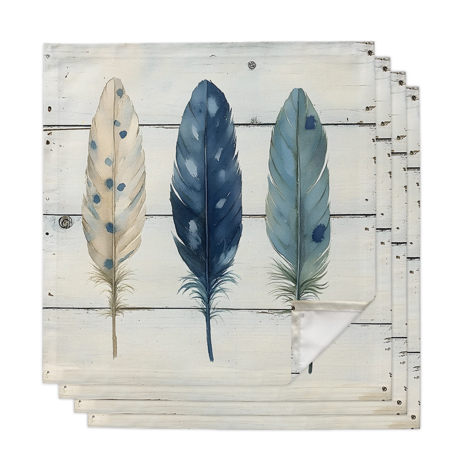 Blue Beige Feathers Cloth Napkins, Boho Watercolor Vintage Wood Grain ...