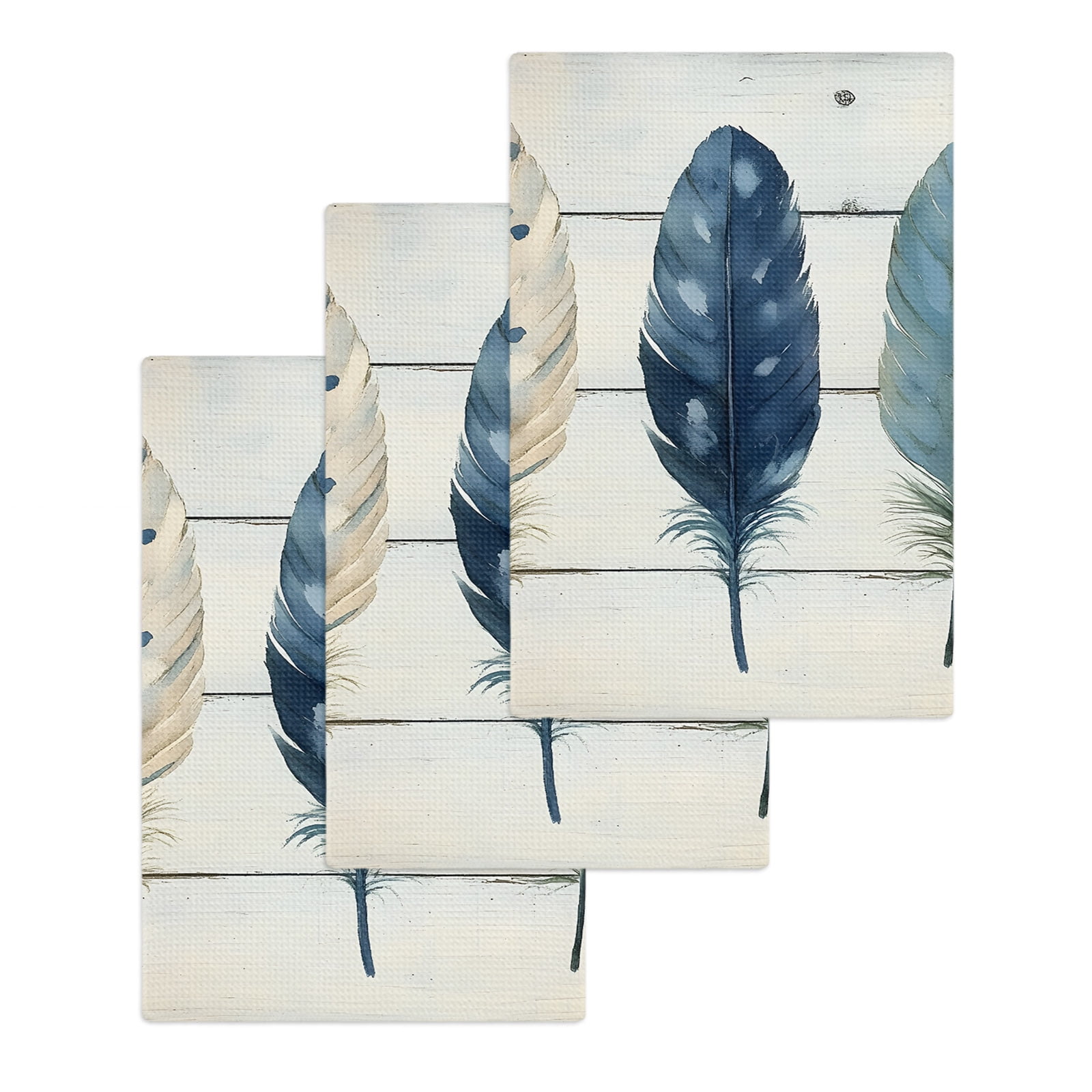 Blue Beige Feathers Kitchen Dish Towels for Drying Dishes Set of 3 ...