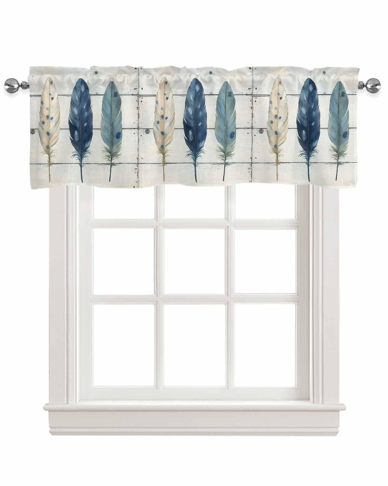 Blue Beige Feathers Kitchen Valances for Windows Farmhouse Linen Window ...