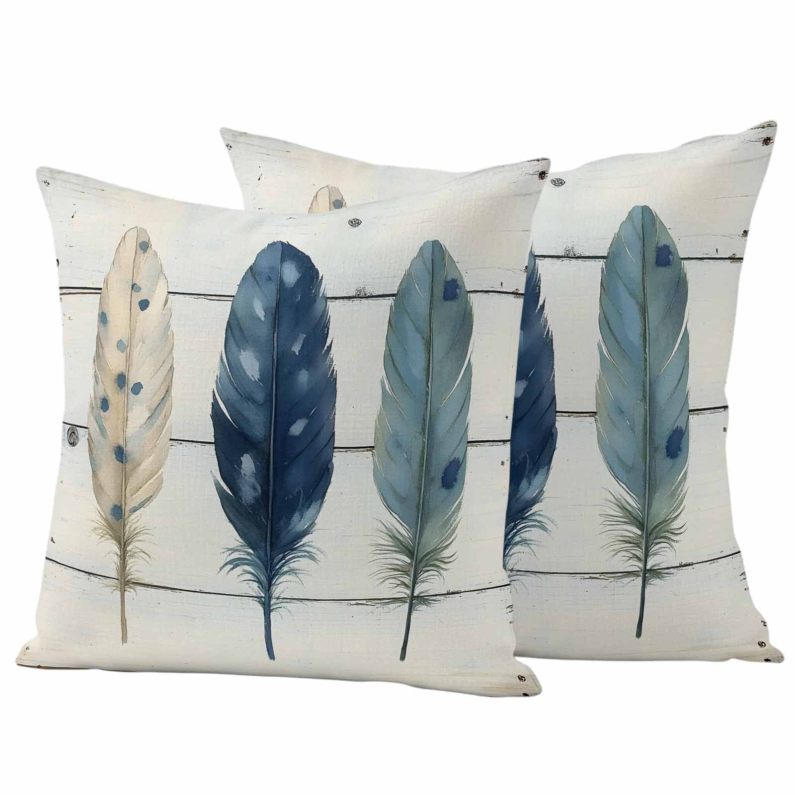Blue Beige Feathers Outdoor Waterproof Pillow Covers, Boho Watercolor ...