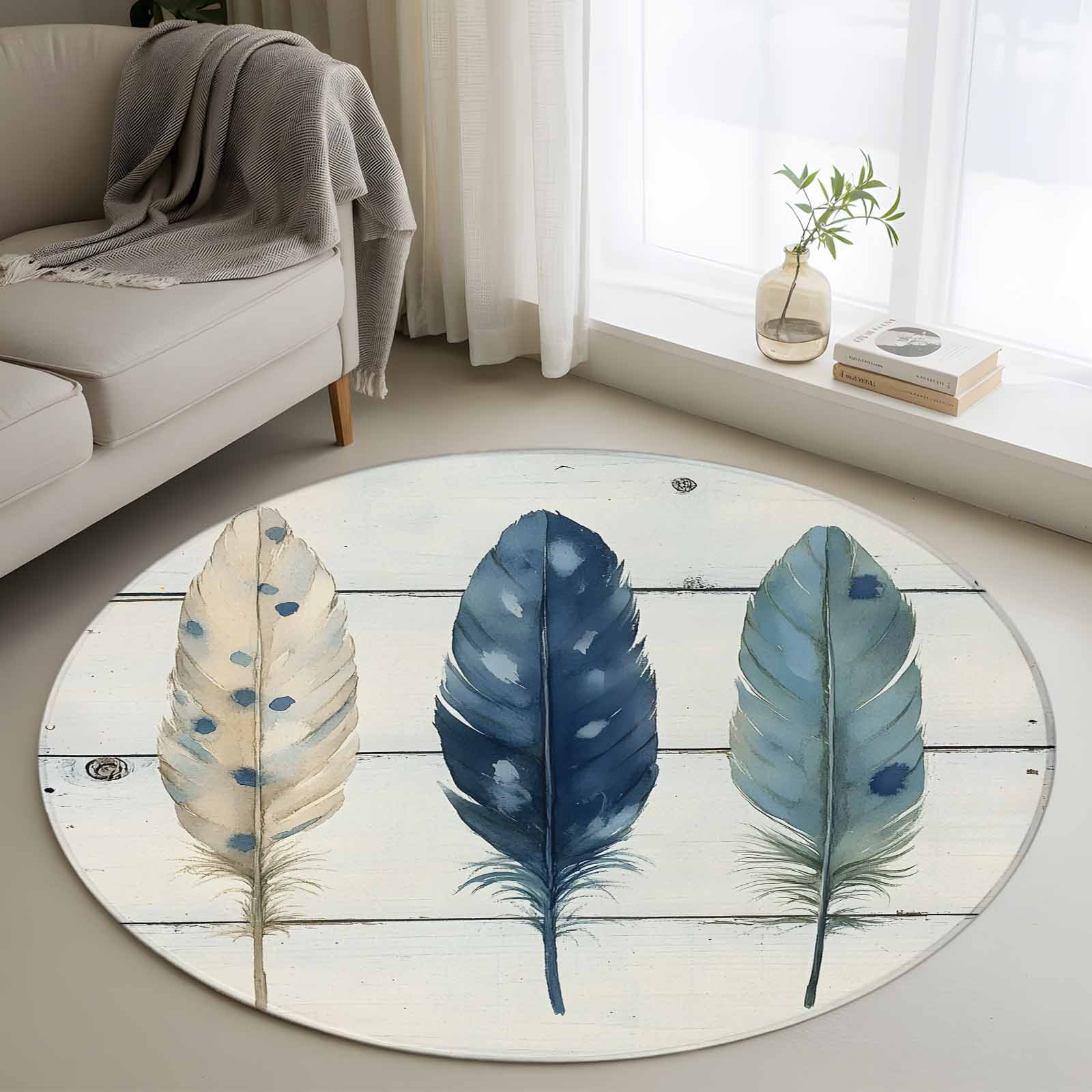 Blue Beige Feathers Round Rug 4ft Washable Circle Entryway Rugs Non ...