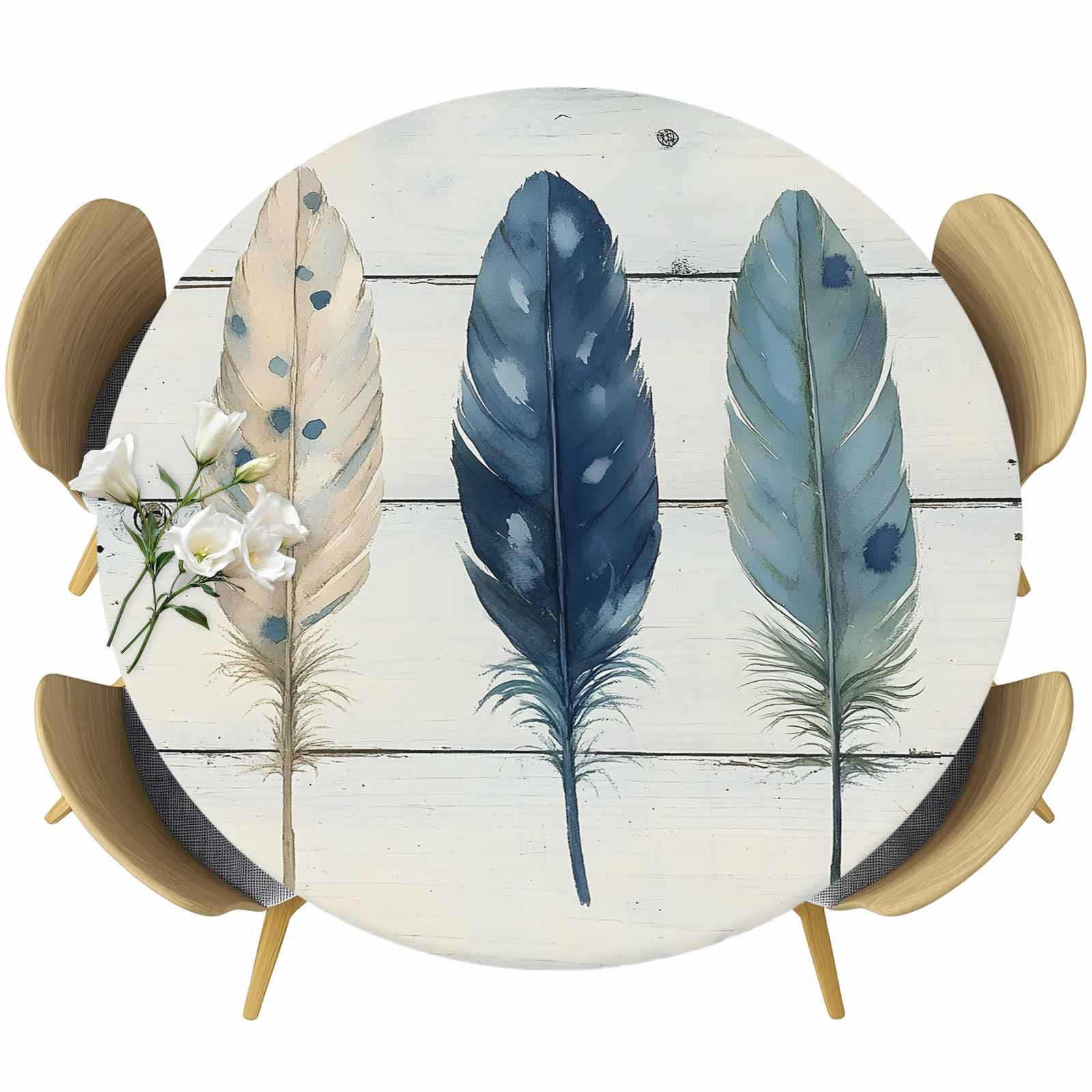 Blue Beige Feathers Round Tablecloth 36-44 Inch Round Fitted Table ...