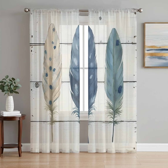 Blue Beige Feathers Sheer Curtains 96 Inch Length 2 Panels Set, Boho ...