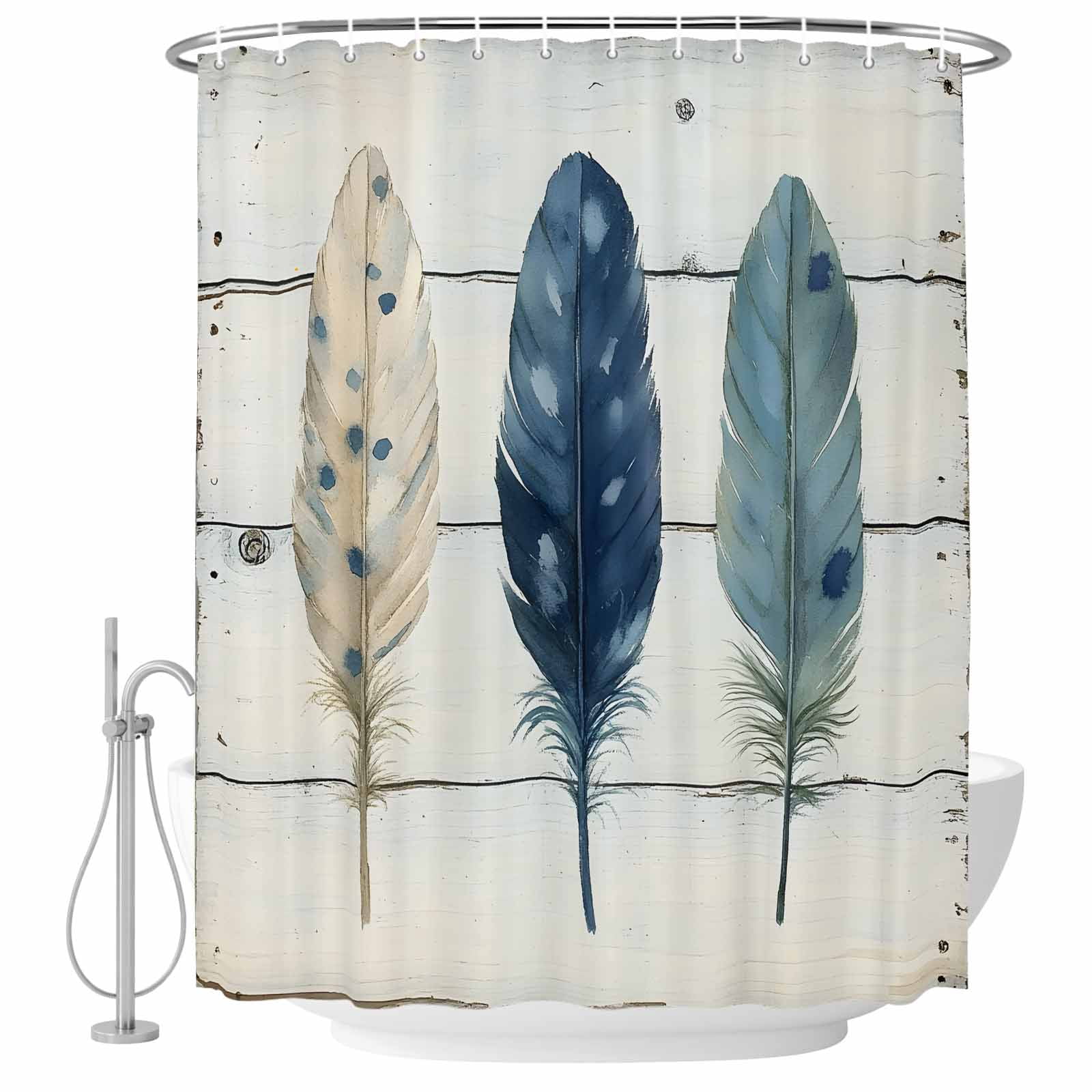 Blue Beige Feathers Shower Curtain Set - Small 36" x 72" Washable ...
