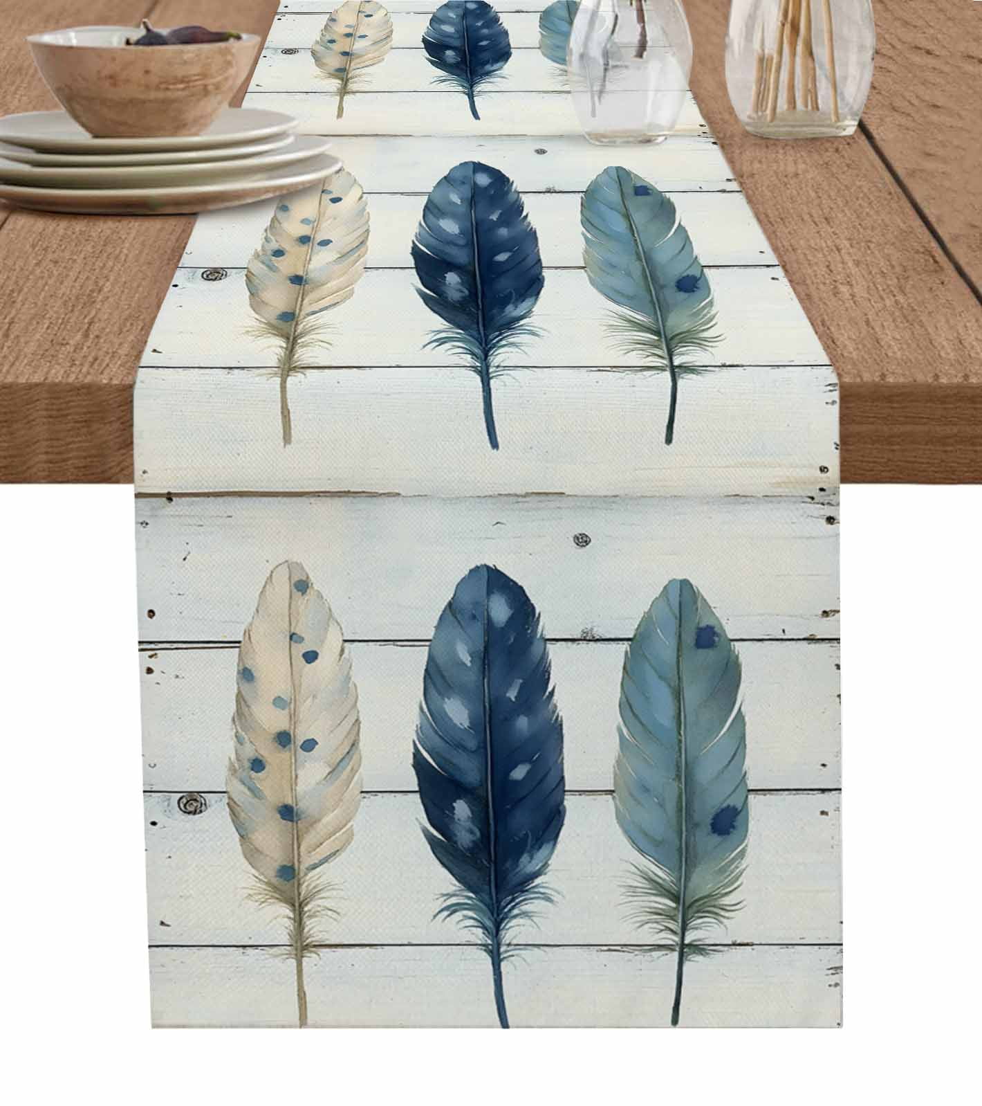 Blue Beige Feathers Table Runner 70 Inches, Boho Watercolor Vintage ...