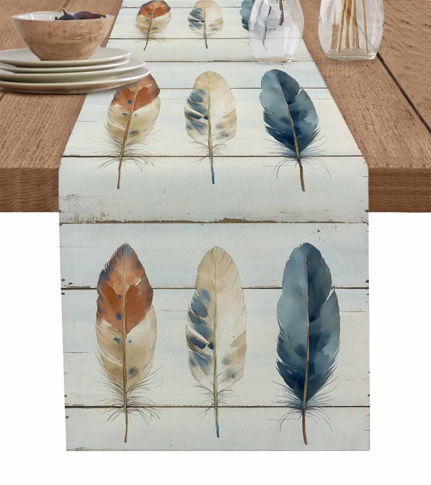 Blue Beige Feathers Table Runner 90 Inches, Ombre Boho Vintage Wooden Grain Bed Runner Dresser ...