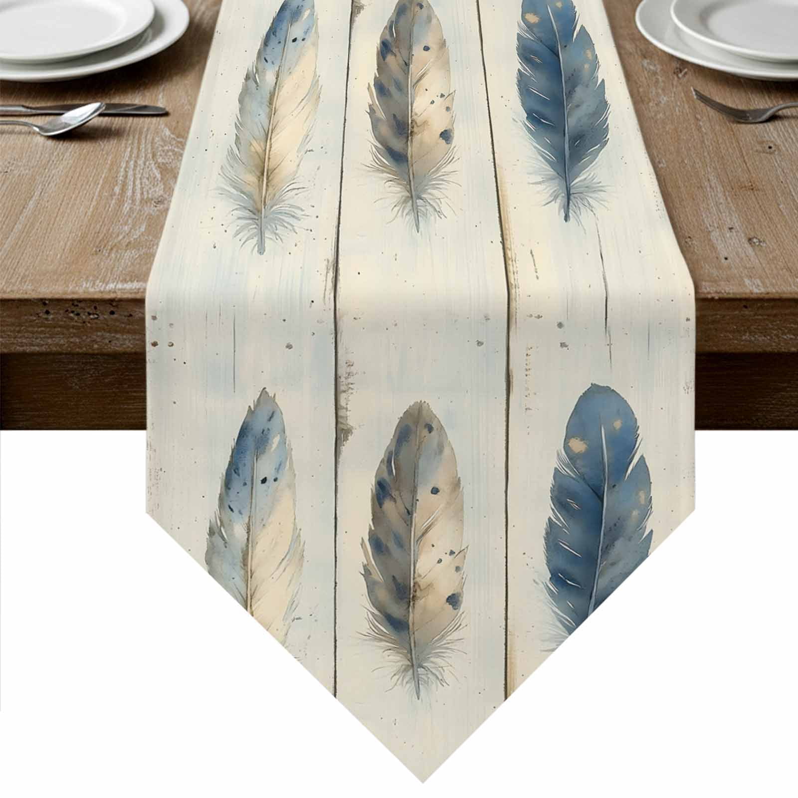 Blue Beige Feathers Table Runner Linen Burlap Table Runner 120 Inches ...