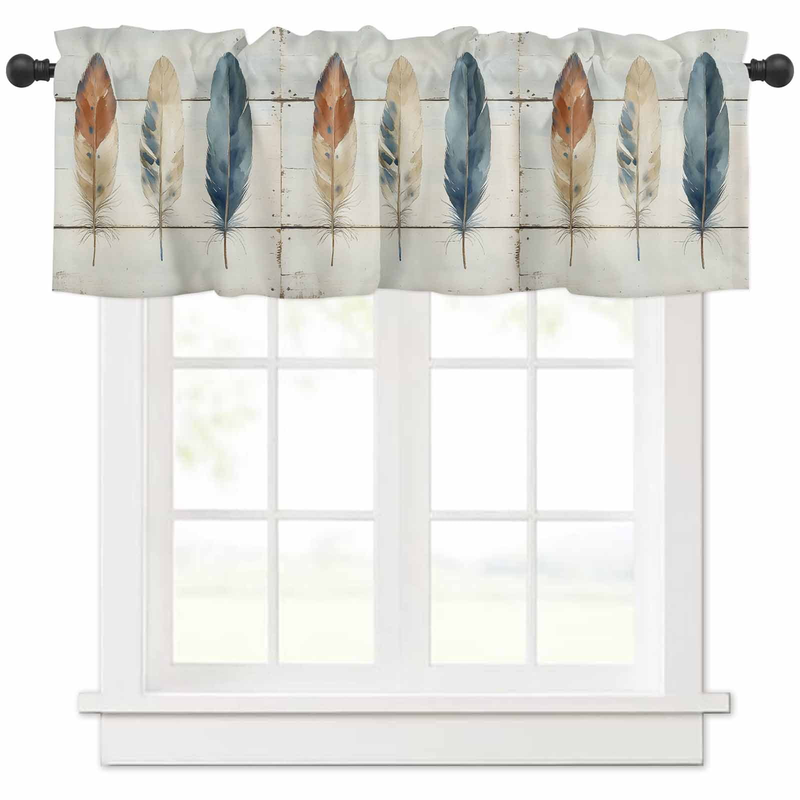Blue Beige Feathers Valances for Windows Farmhouse Kitchen Curtains ...