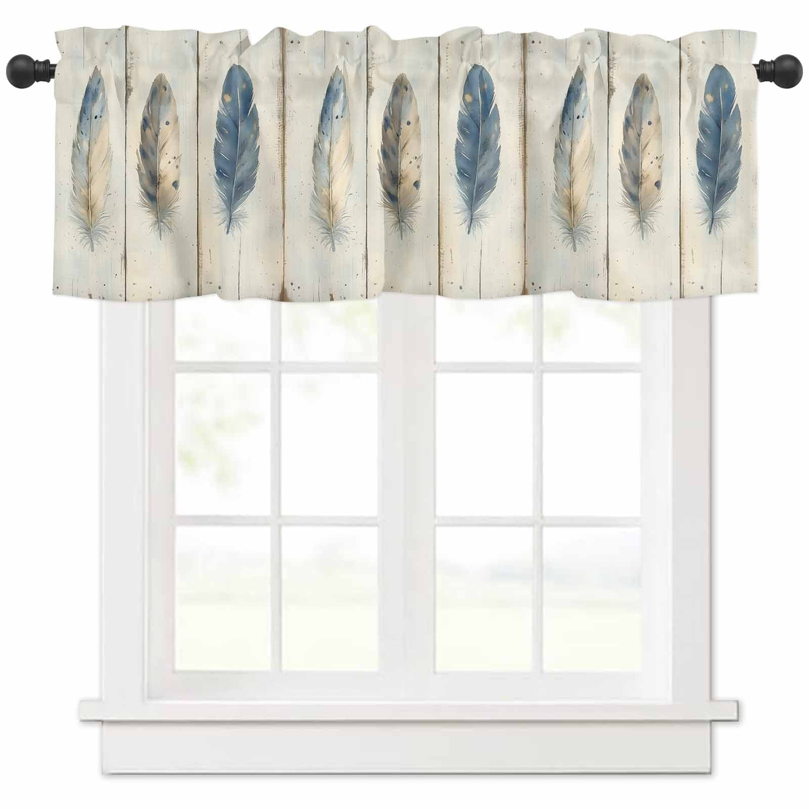 Blue Beige Feathers Valances for Windows Farmhouse Kitchen Curtains ...