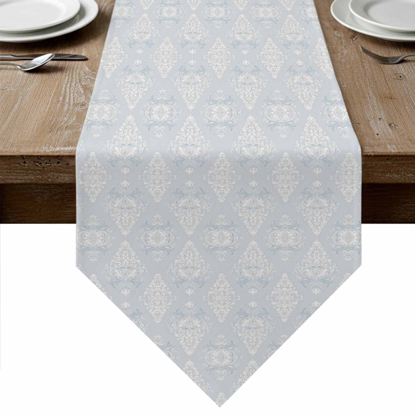 Blue Beige Floral Boho Table Runner Linen Burlap Table Runner 36 Inches ...