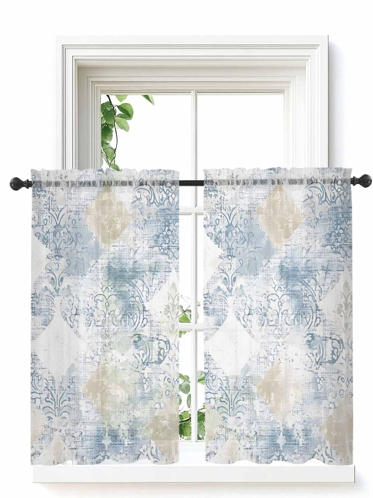 Blue Beige Floral Curtains 54 Inch Length, Sheer Curtains for Bedroom ...