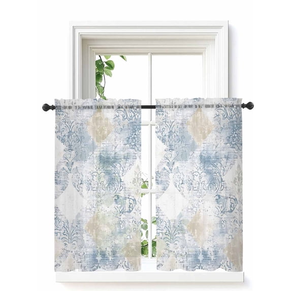 Blue Beige Floral Curtains 54 Inch Length, Sheer Curtains for Bedroom ...