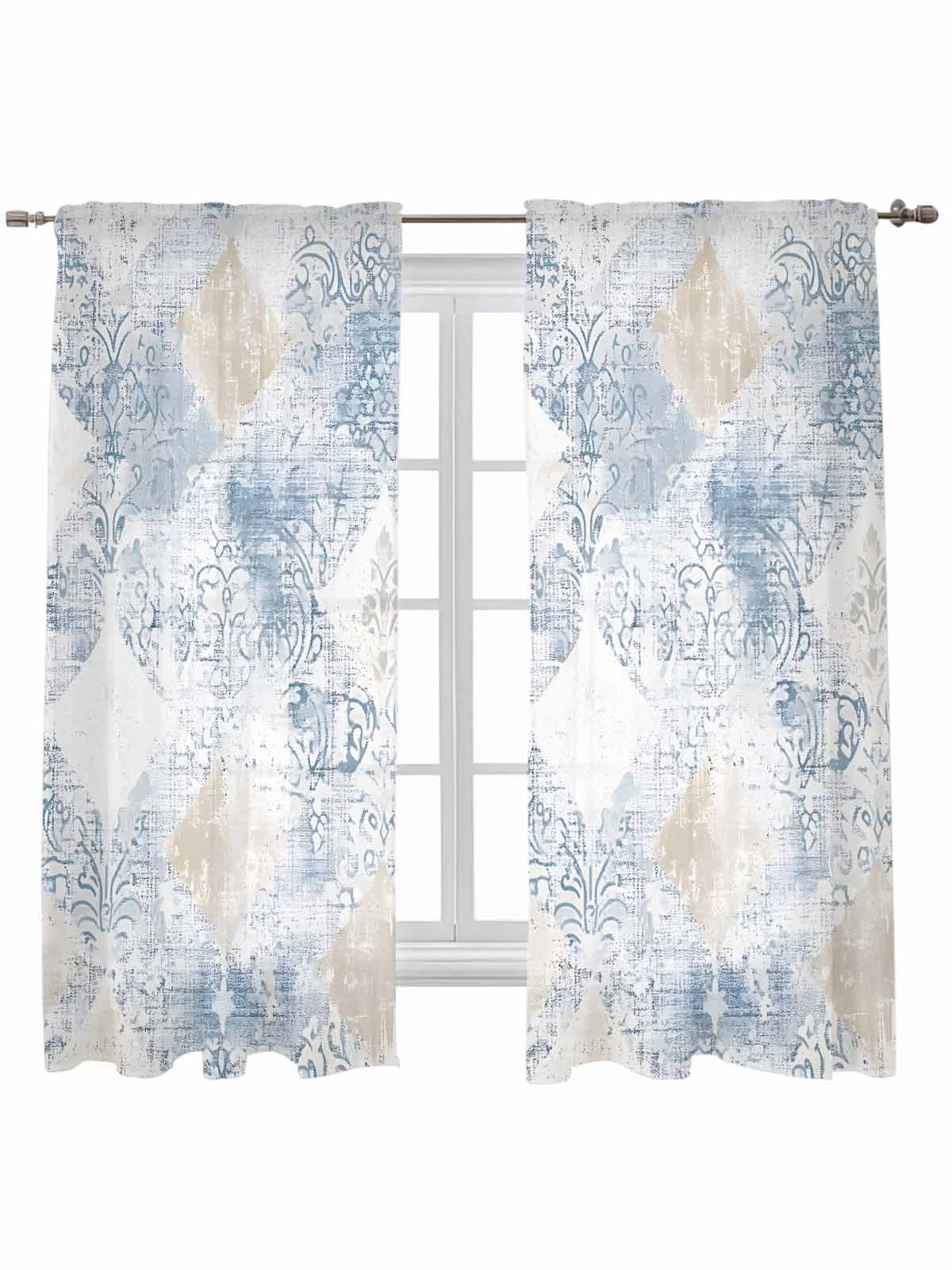 Blue Beige Floral Curtains 72 Inch Length, Sheer Curtains for Bedroom ...