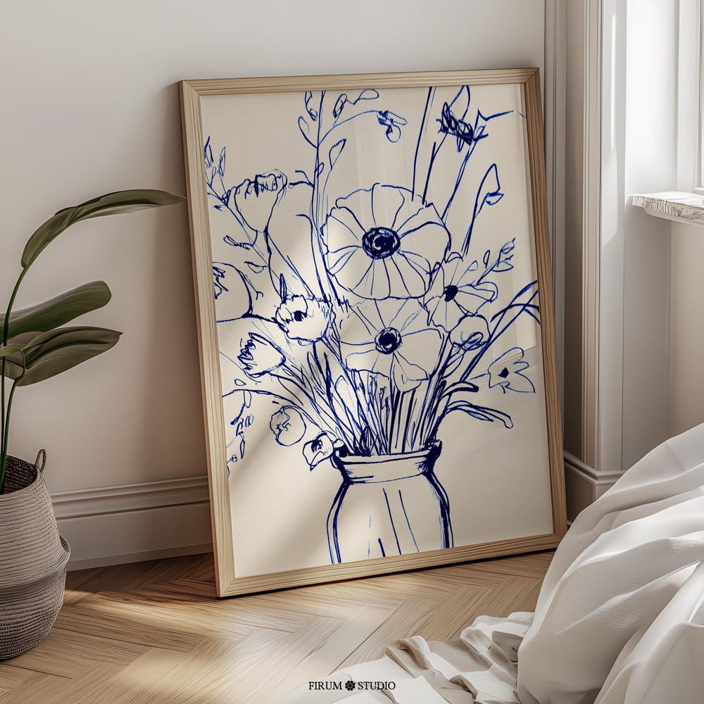 Blue And Beige Floral Illustration Print - Modern Botanical Print For ...