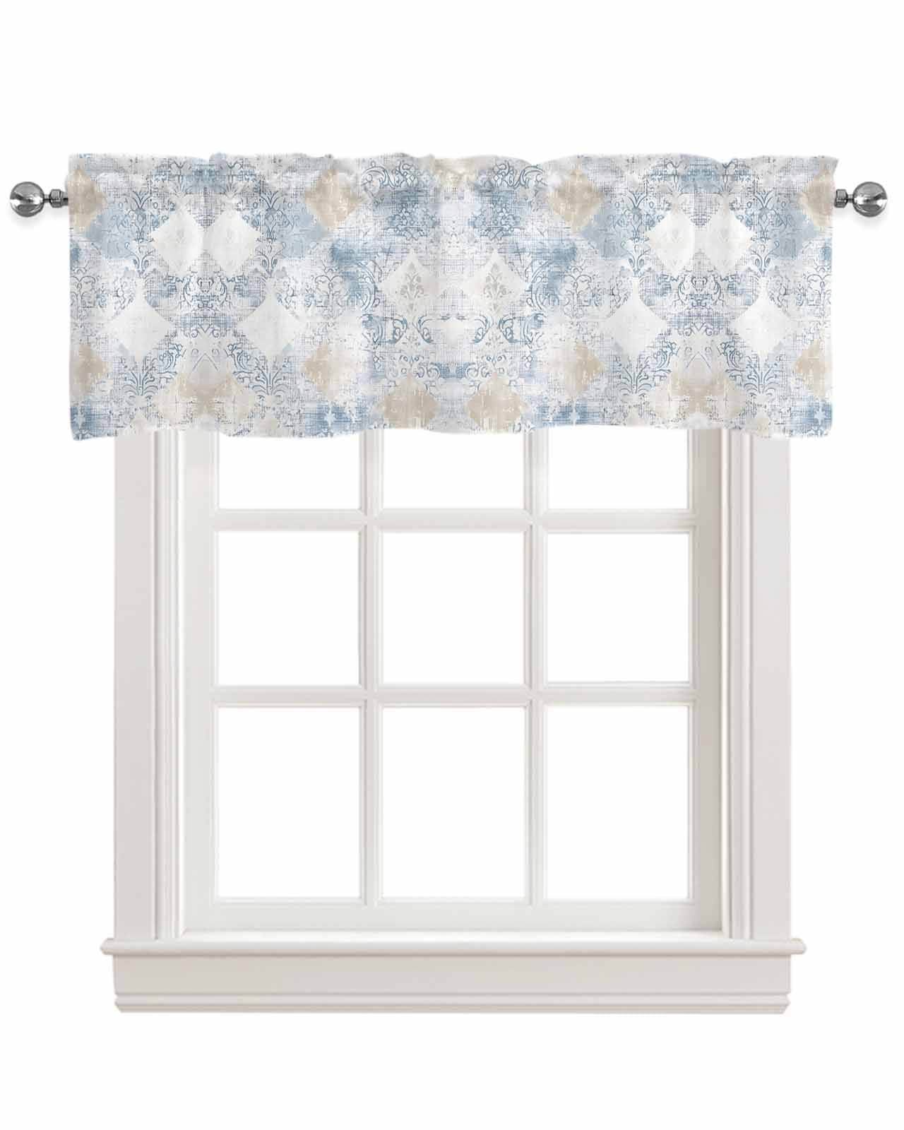 Blue Beige Floral Kitchen Valances for Windows Farmhouse Linen Window ...