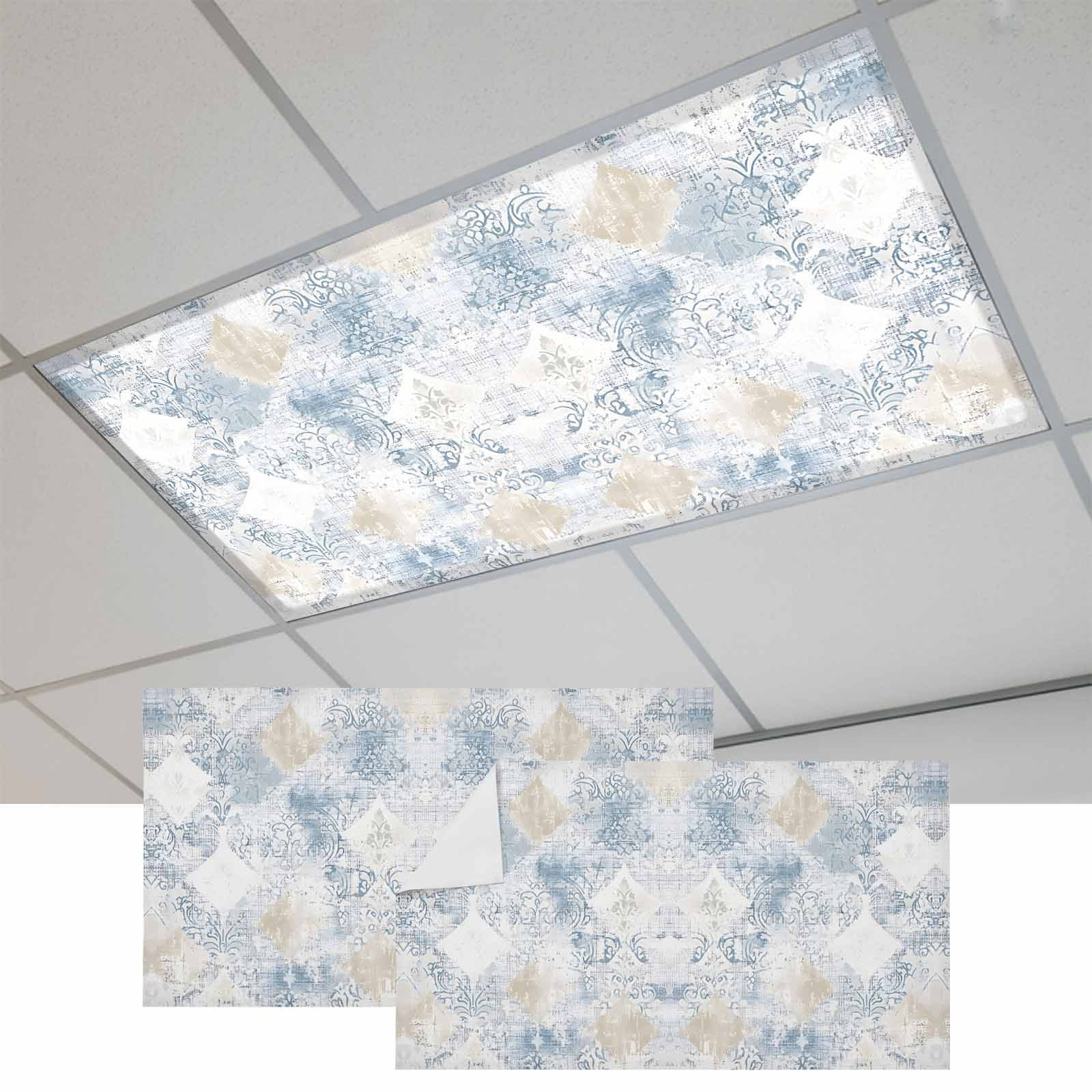Blue Beige Floral Magnetic Fluorescent Light Covers for Ceiling Lights ...