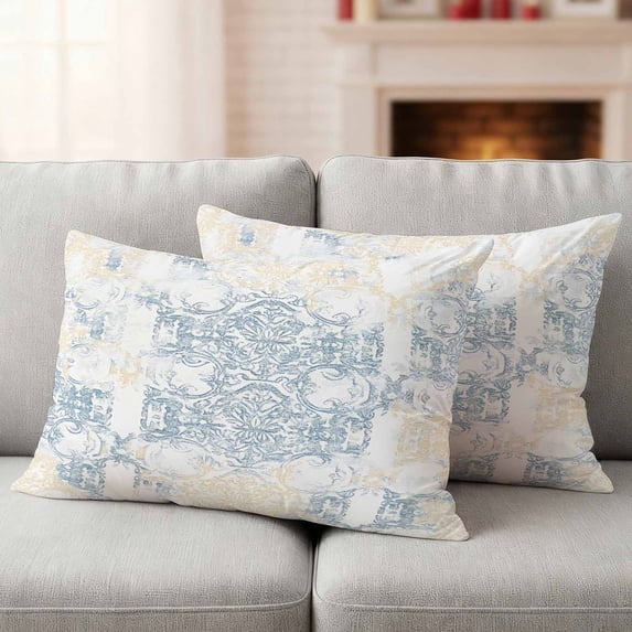 Blue Beige Floral Waterproof Throw Pillow Covers Set of 2 Distressed ...