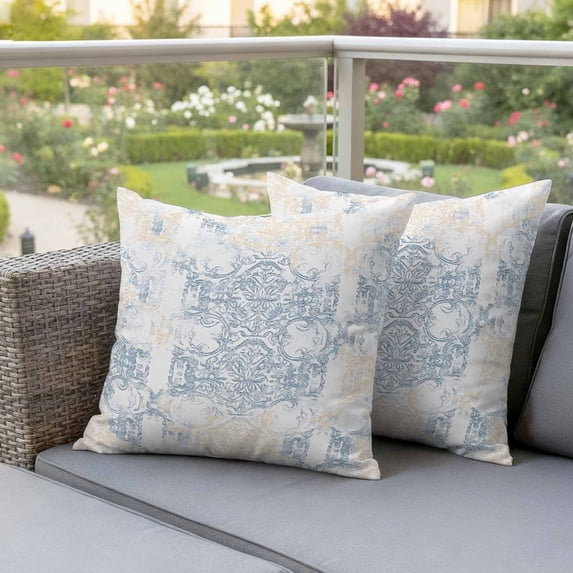 Blue Beige Floral Waterproof Throw Pillow Covers Set of 2 Distressed ...