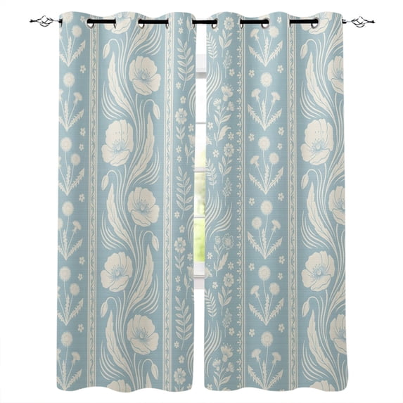 Blue Beige Flowers Blackout Curtains for Bedroom Living Room Darkening ...