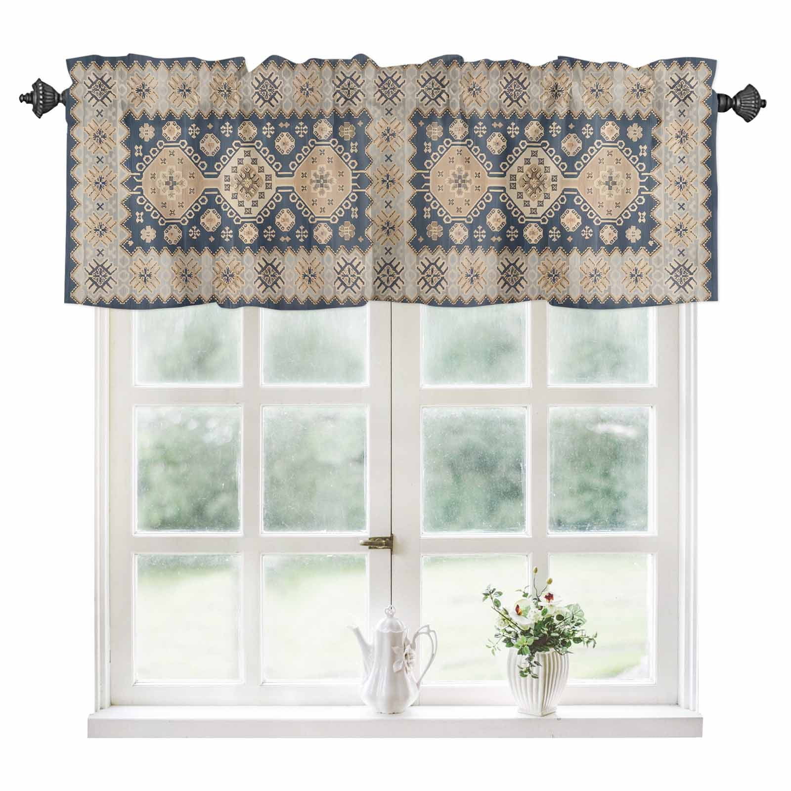 Blue Beige Geometric Kitchen Valances for Windows 42x12 Inch Kitchen ...