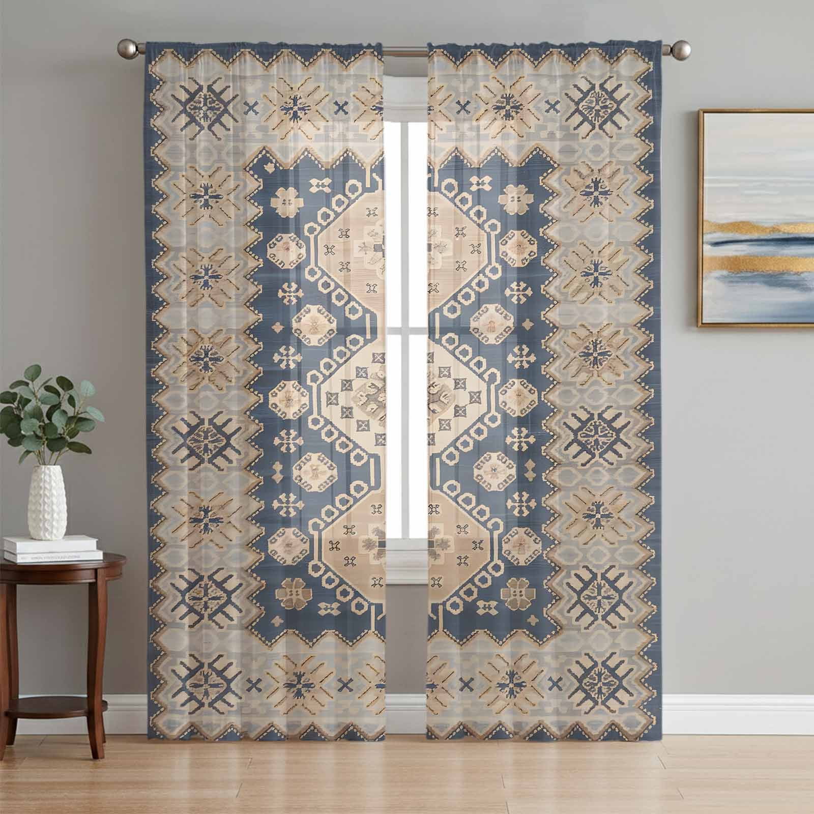 Blue Beige Geometric Sheer Curtains 72 Inch Length 2 Panels Set ...