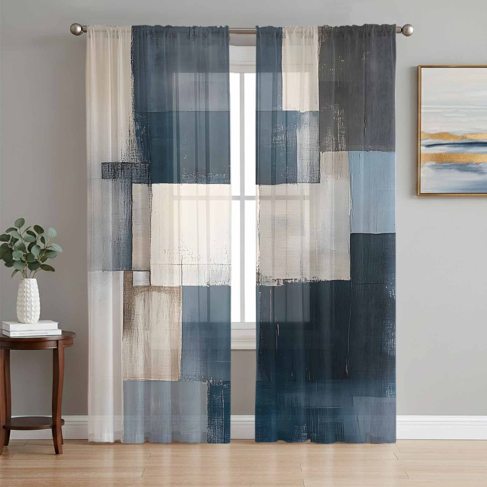 Blue Beige Geometric Sheer Curtains 96 Inch Length 2 Panels Set, Modern ...