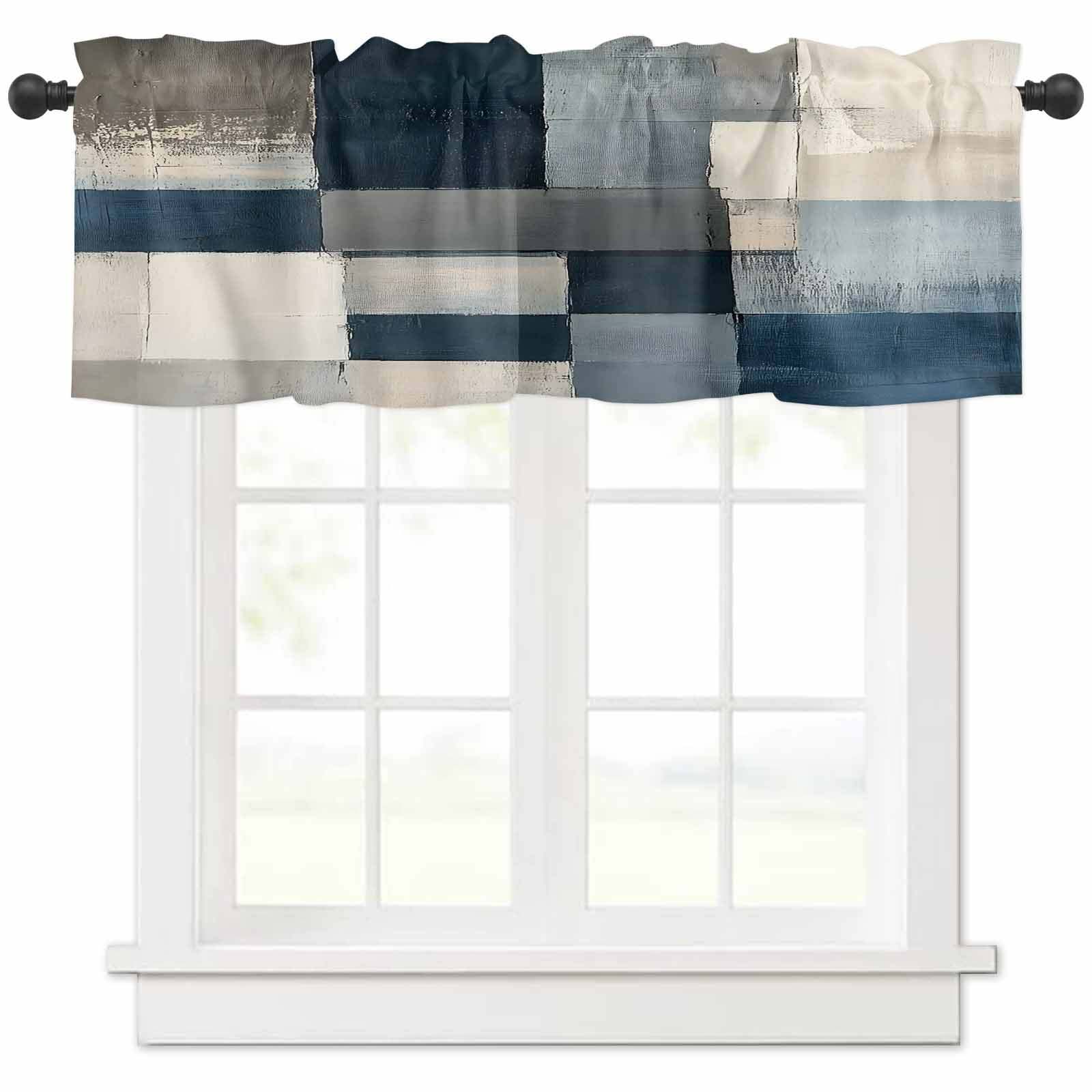 Blue Beige Geometric Valances for Windows Farmhouse Kitchen Curtains ...