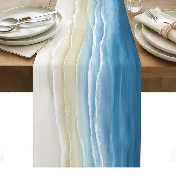 Blue Beige Gradient Beach Cotton Linen Table Runner Abstracts Seaside ...