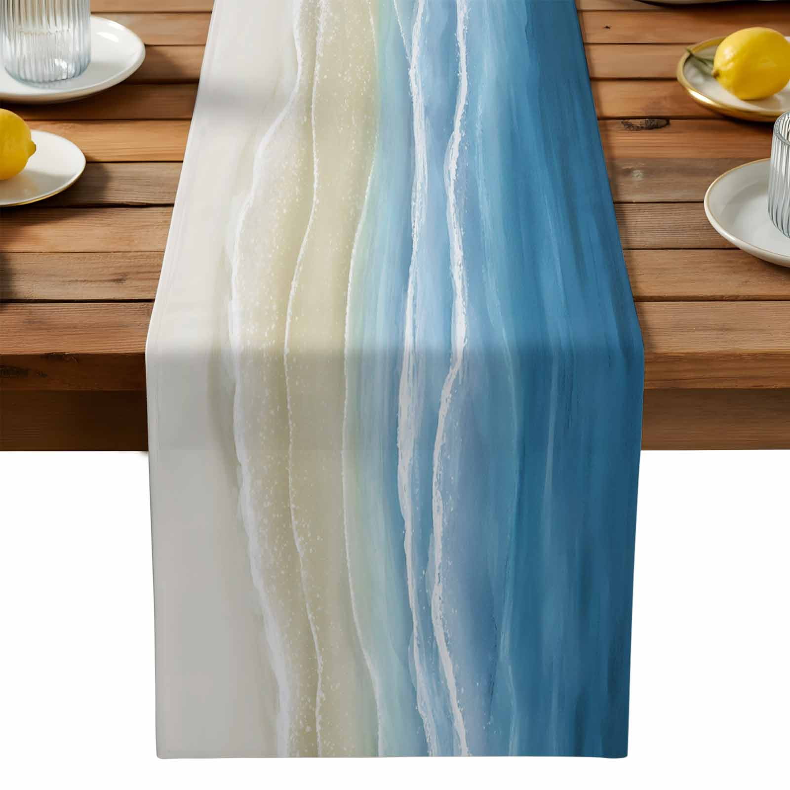 Blue Beige Gradient Beach Table Runner, Abstracts Seaside Ocean Wave ...