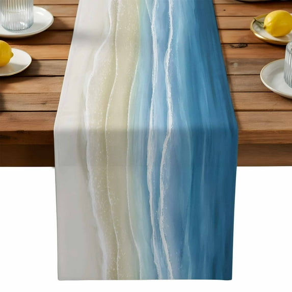 Blue Beige Gradient Beach Table Runner, Abstracts Seaside Ocean Wave ...