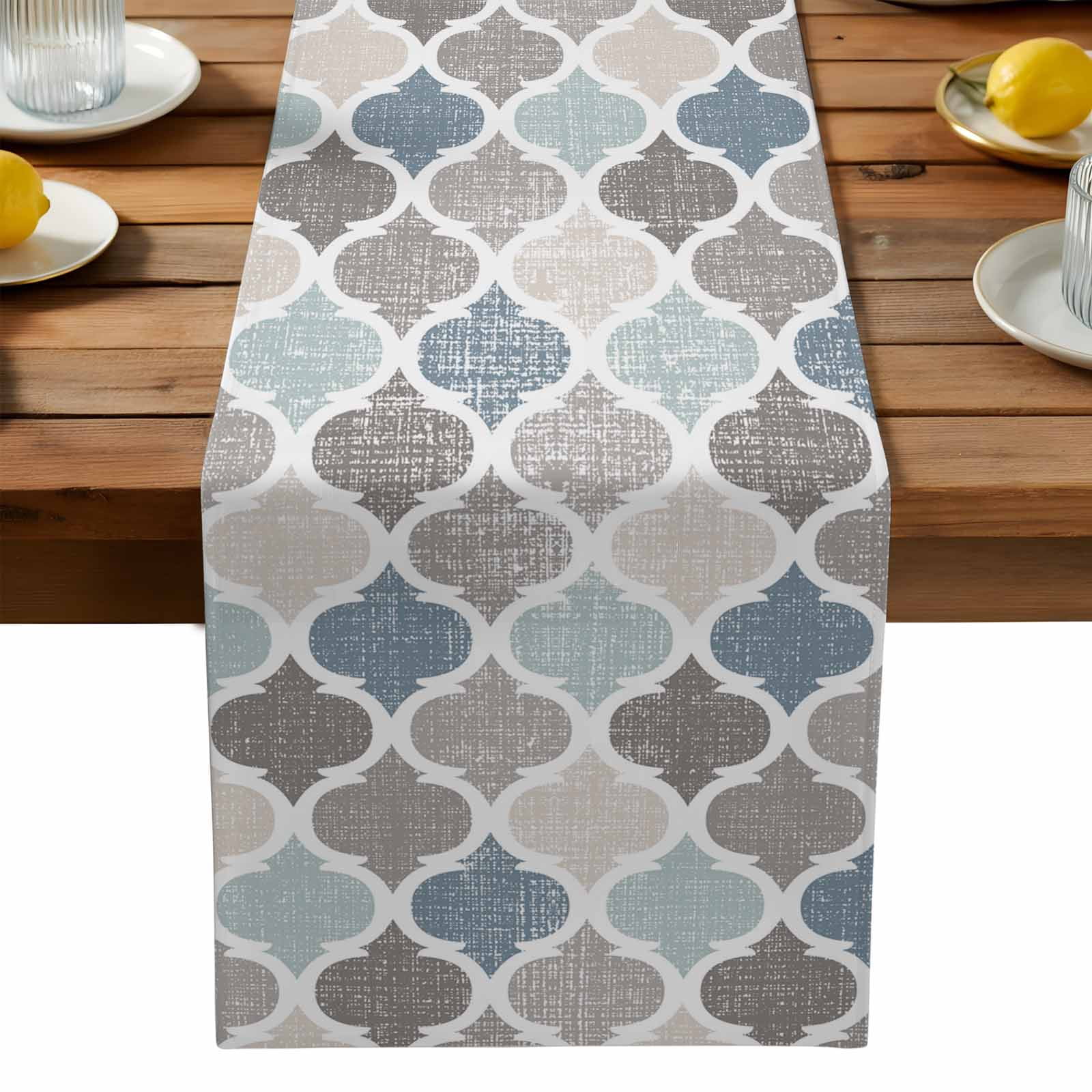 Blue Beige Grey Brown Table Runner, Rustic Retro Moroccan Plaid Cotton ...