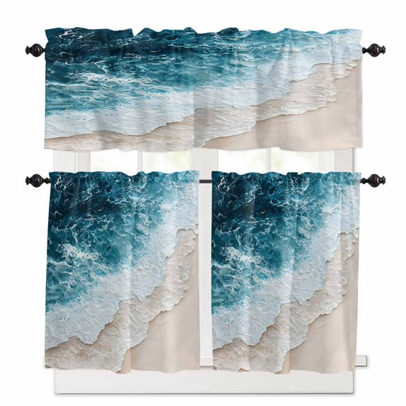 Blue Beige Kitchen Curtains Valance and Tier Set Gradient Ocean Wave ...
