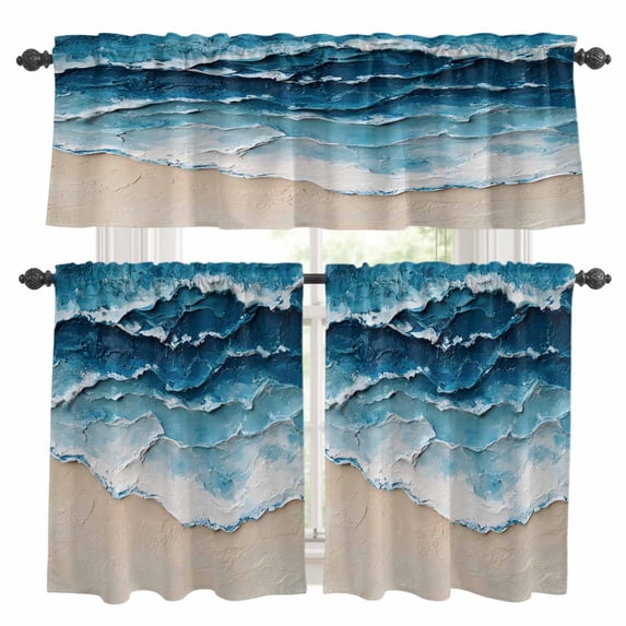 Blue Beige Kitchen Curtains Valance and Tier Set Gradient Ocean Wave ...