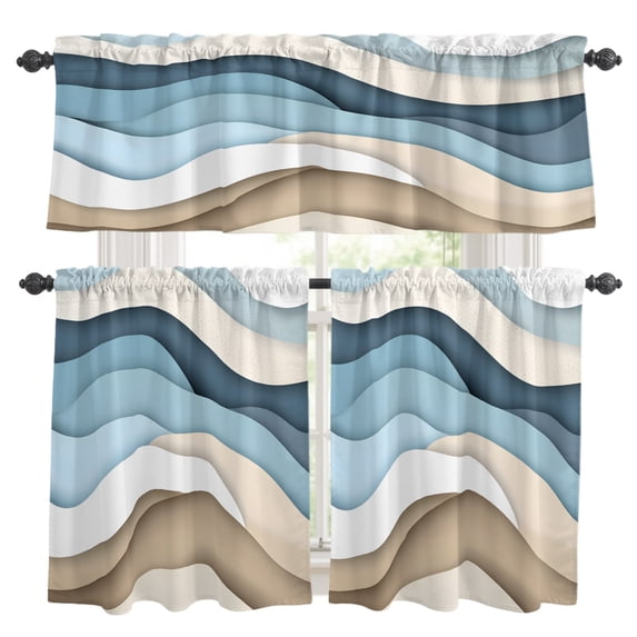 Blue Beige Kitchen Curtains Valance and Tier Set Gradient Water Ripple ...