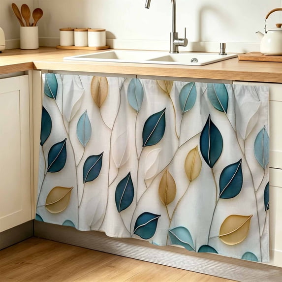 Blue Beige Leaf Cabinet Curtains for Shelves, Farmhouse Summer ...