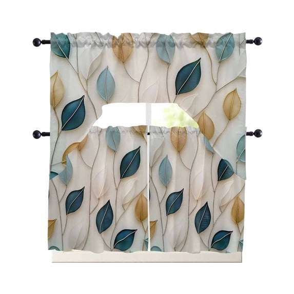 Blue Beige Leaf Kitchen Curtain and Valance Set 3 Pieces,Rod Pocket ...