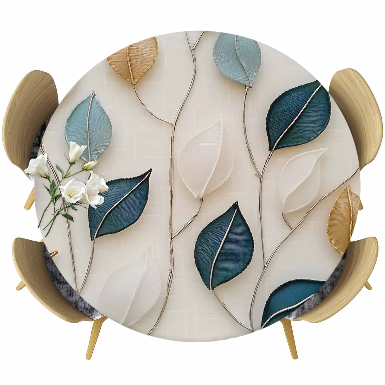 Blue Beige Leaf Round Tablecloth, Fitted Table Cover with Elastic for ...
