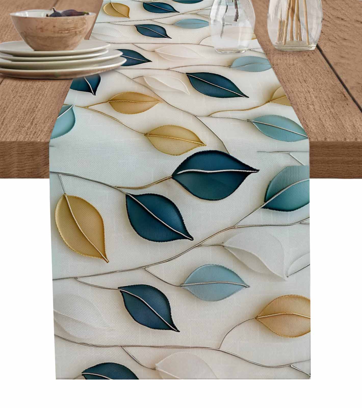 Blue Beige Leaf Table Runner 70 Inches, Farmhouse Summer Botanical ...