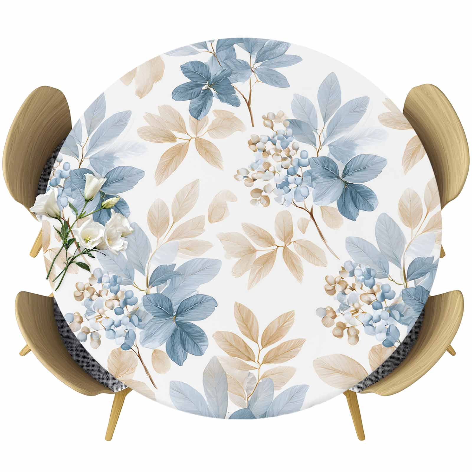 Blue Beige Leaves Round Tablecloth 45-54 Inch Round Fitted Table Cloth ...