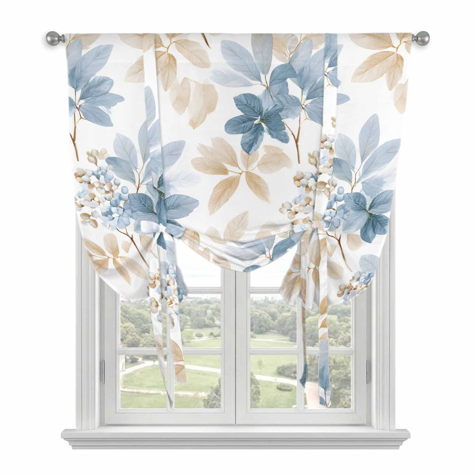 Blue Beige Leaves Tie Up Curtains for Window, Thermal Insulated Balloon ...