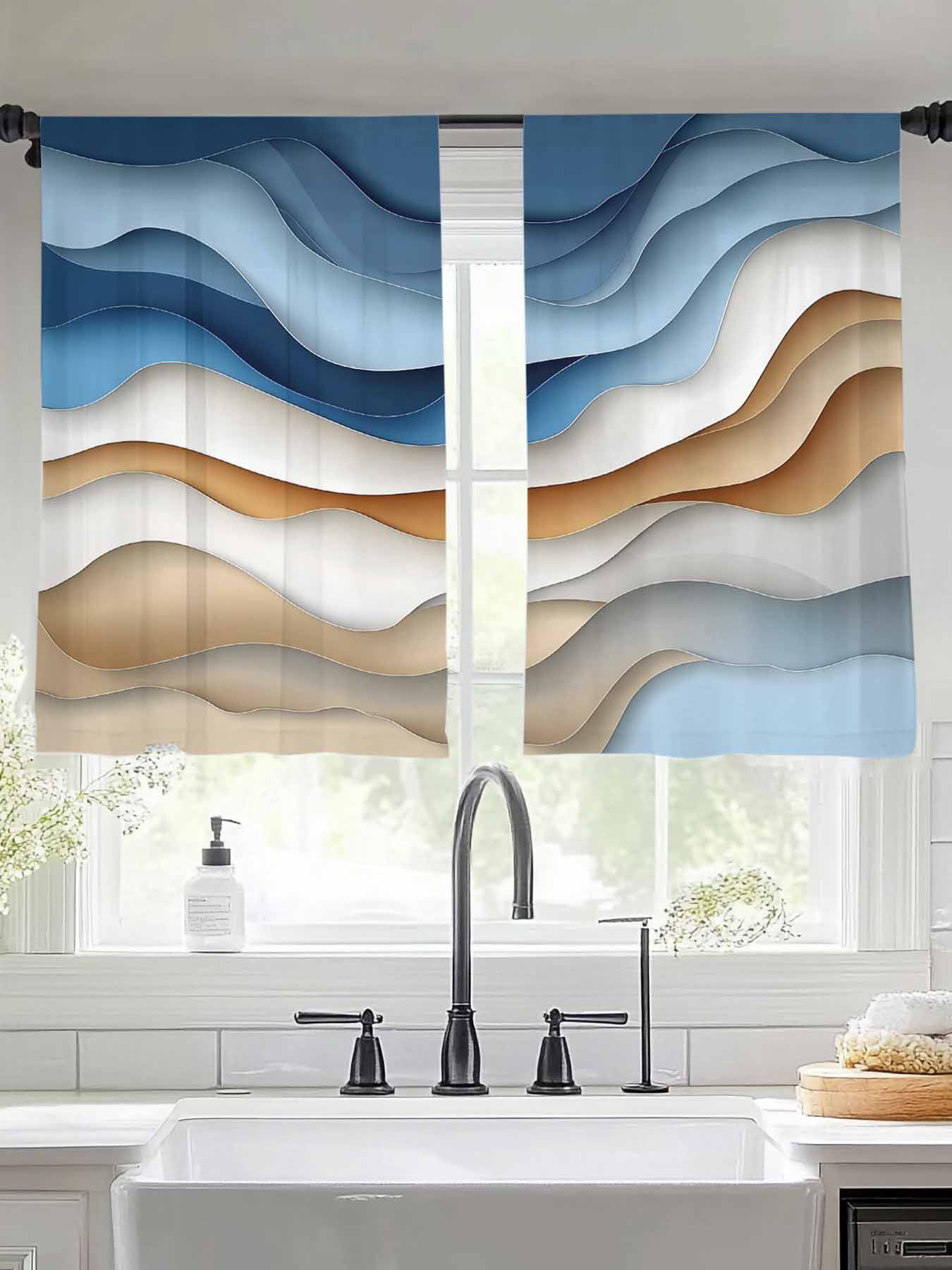 Blue Beige Moire Sheer Curtains for Living Room Bedroom Modern Abstract Art Sheer Curtains 45 ...