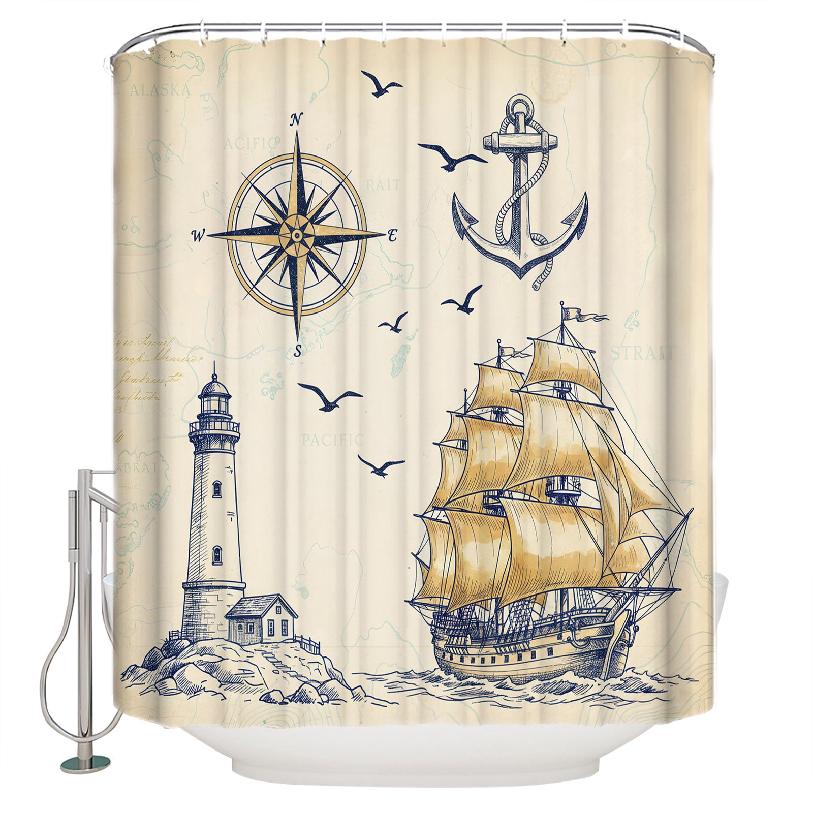 Blue Beige Nautical Bathroom Shower Curtains with 12 Hooks Waterproof ...