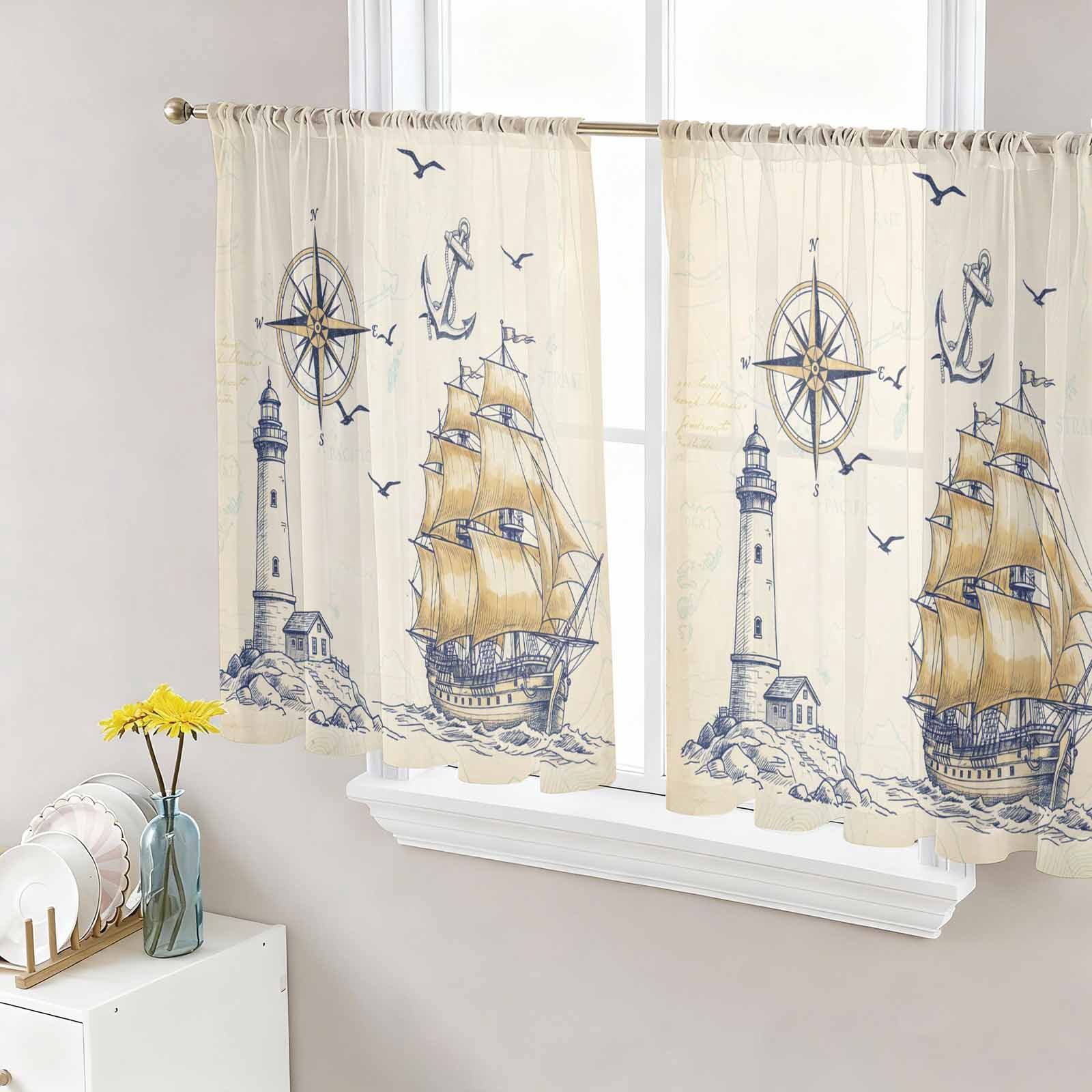 Blue Beige Nautical Sheer Curtains for Living Room Bedroom Vintage ...