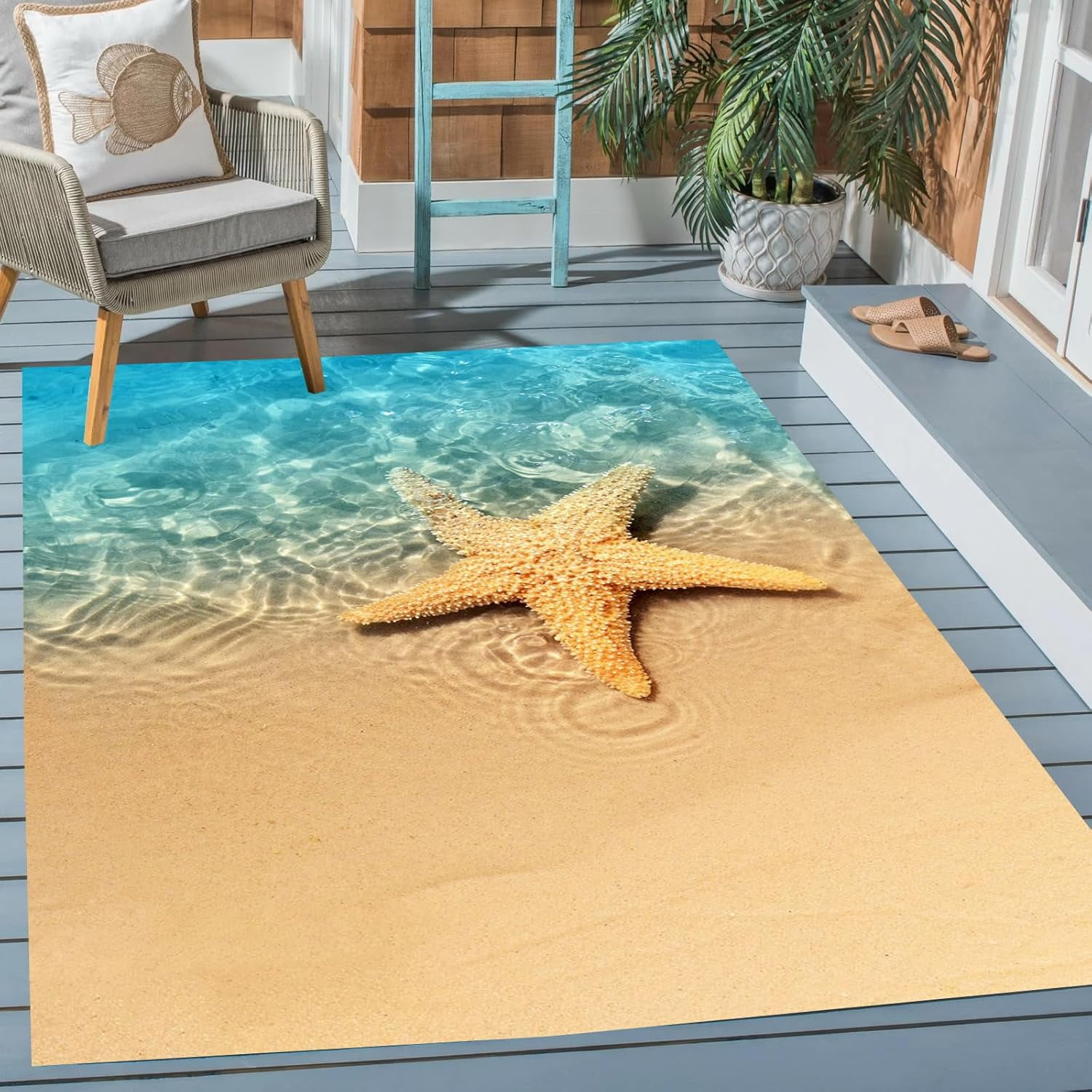 Blue Beige Ocean Beach Theme Coastal Indoor Outdoor Area Rug 4'x6' No ...