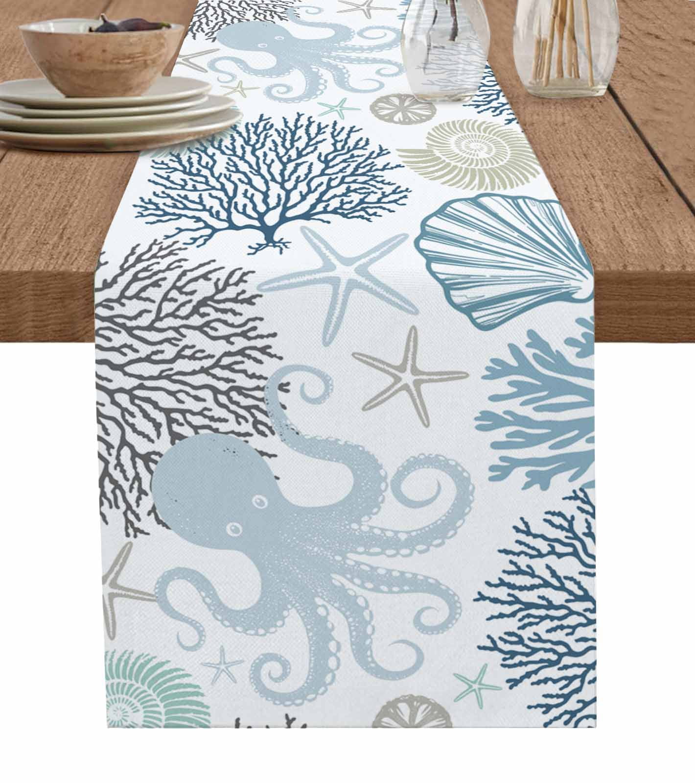 Blue Beige Octopus Coastal Table Runner 72 Inches, Nautical Coral ...